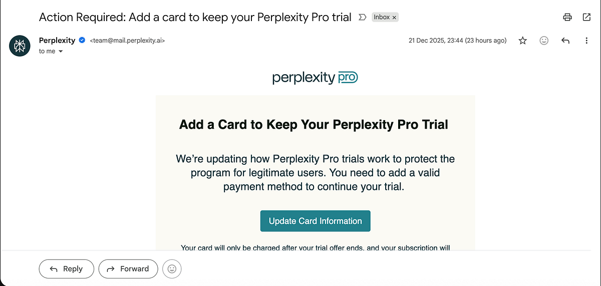 Perplexity’s new “add a card to keep your Pro trial” | by Ramchand ...