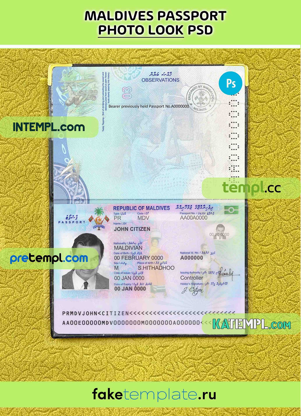 Maldives passport PSD download scan and photo look templates, 2 in 1 ...