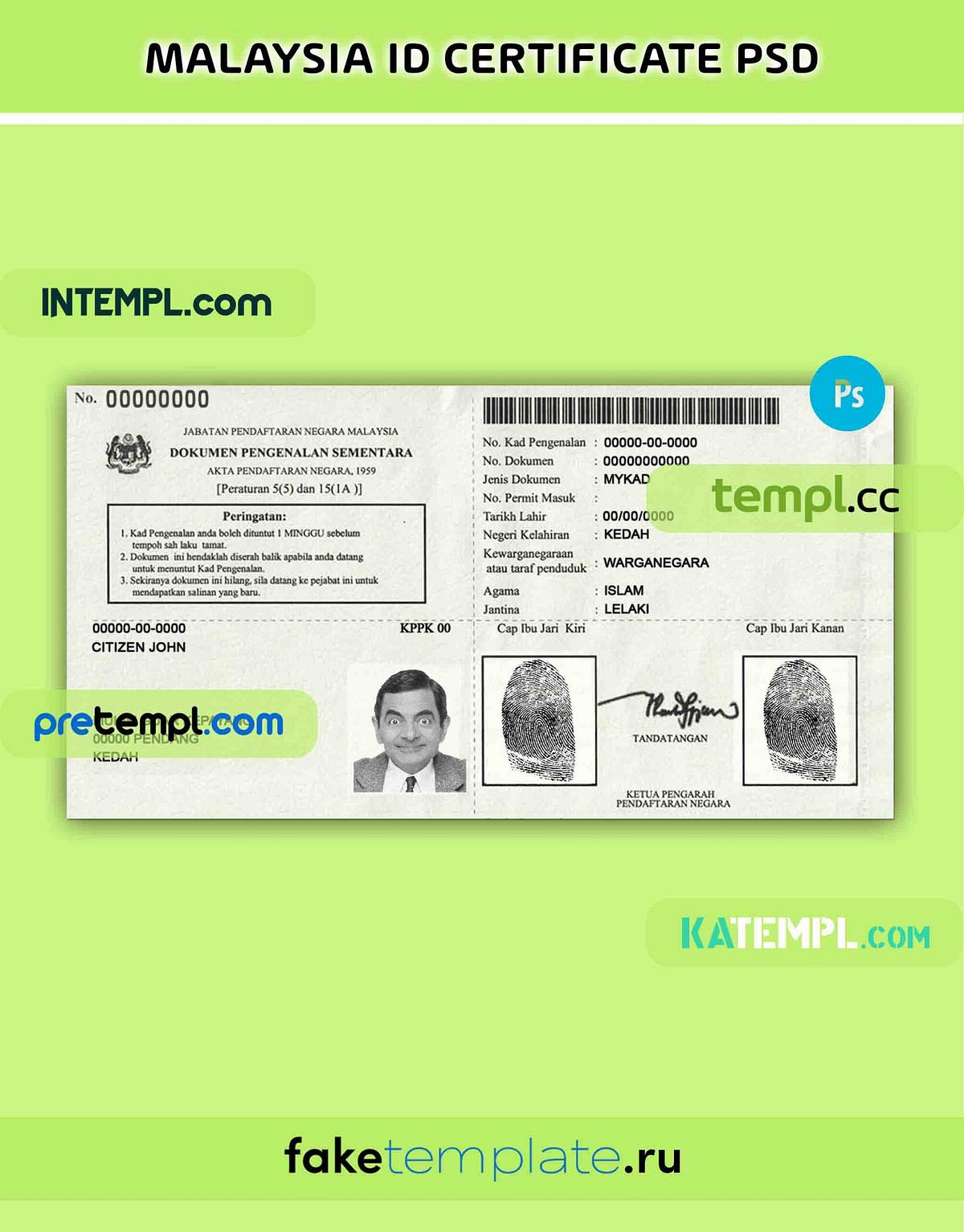 Malaysia temporary identification certificate PSD download template ...