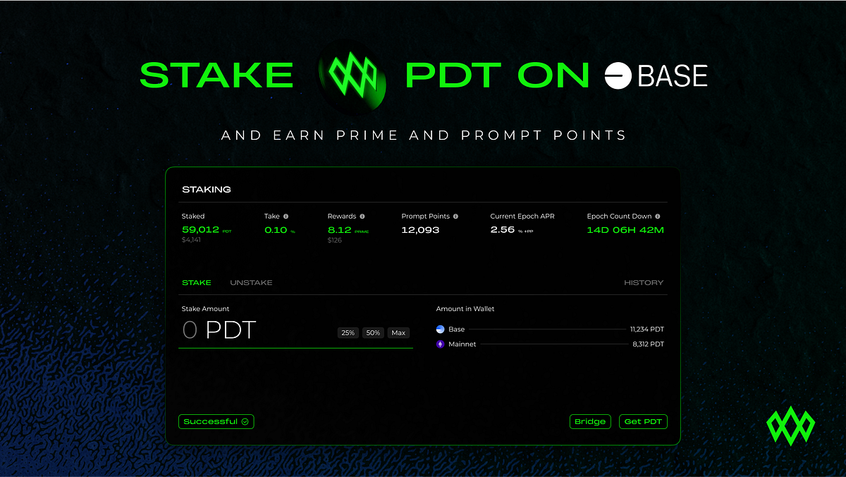 We’ve launched PDT Staking on Base! Stake PDT and Earn PRIME and PROMPT ...