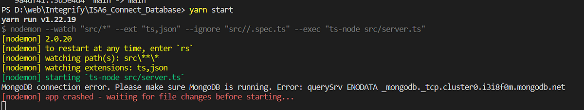 Error Querysrv Enodata Mongodb Tcp [nodemon] App Crashed