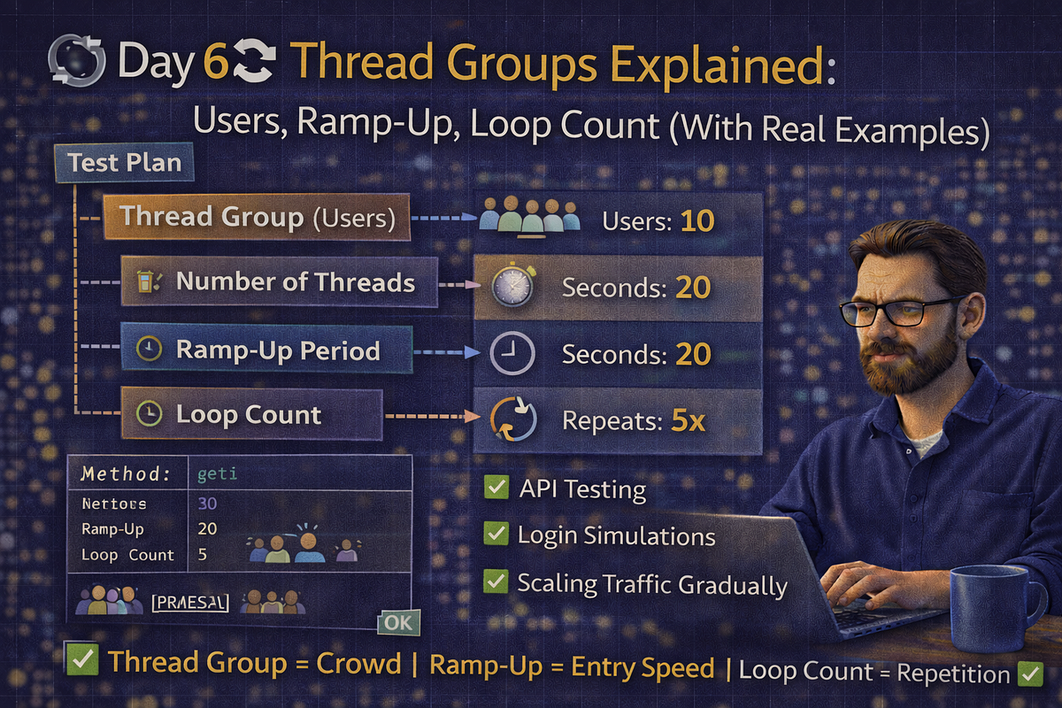 Day 6️⃣ — Thread Groups Explained: Users, Ramp-Up, Loop Count (With ...
