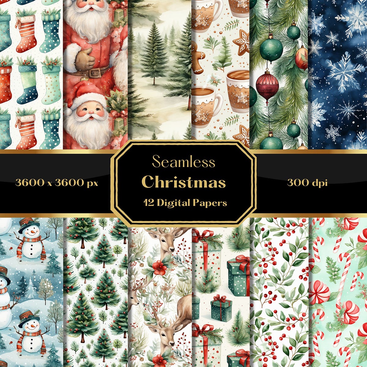 Watercolor Christmas Digital Paper, Seamless Printable Scrapbook Paper ...
