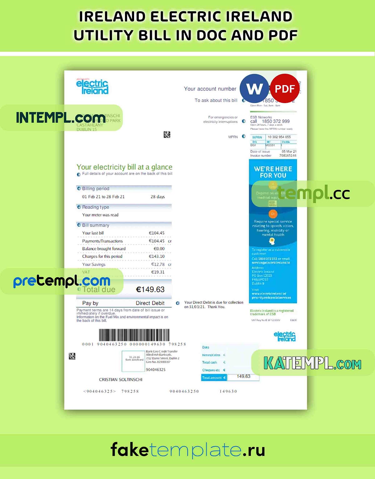 IRELAND ELECTRIC utility bill download Word and PDF example | by ...