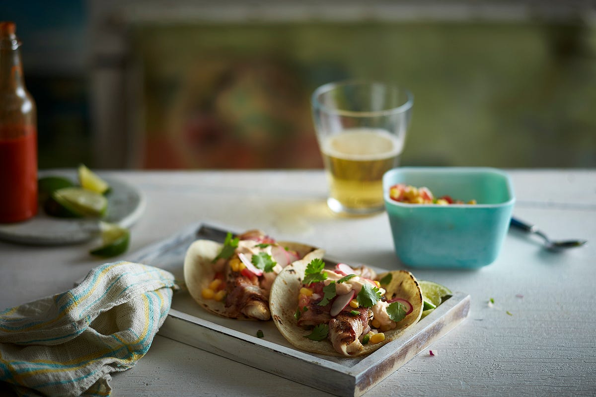 Nice Catch: Grilled Pancetta-Wrapped Fish Tacos with Fresh Corn Relish ...