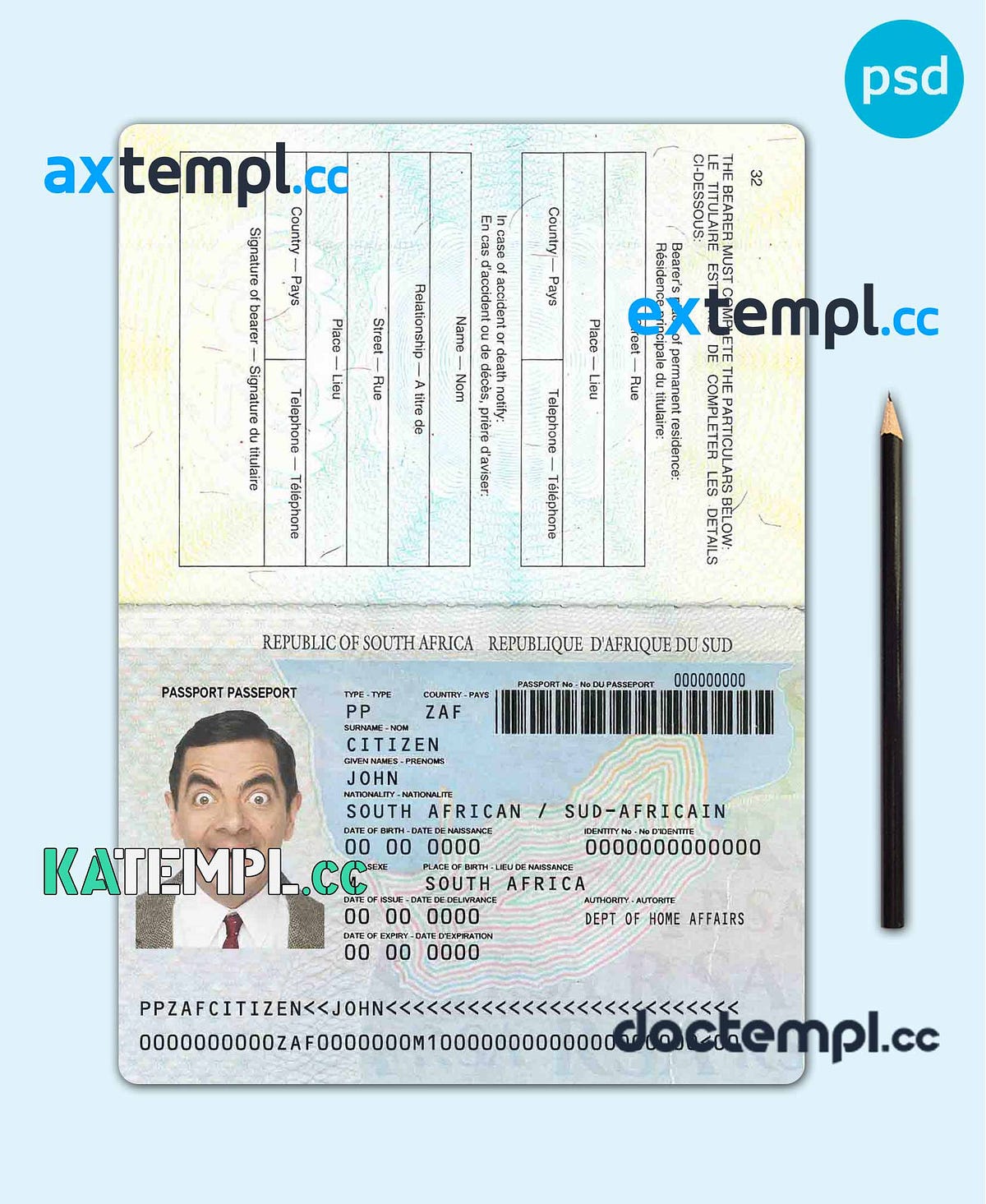 sample South Africa passport template in PSD format, 1996–2009 download ...