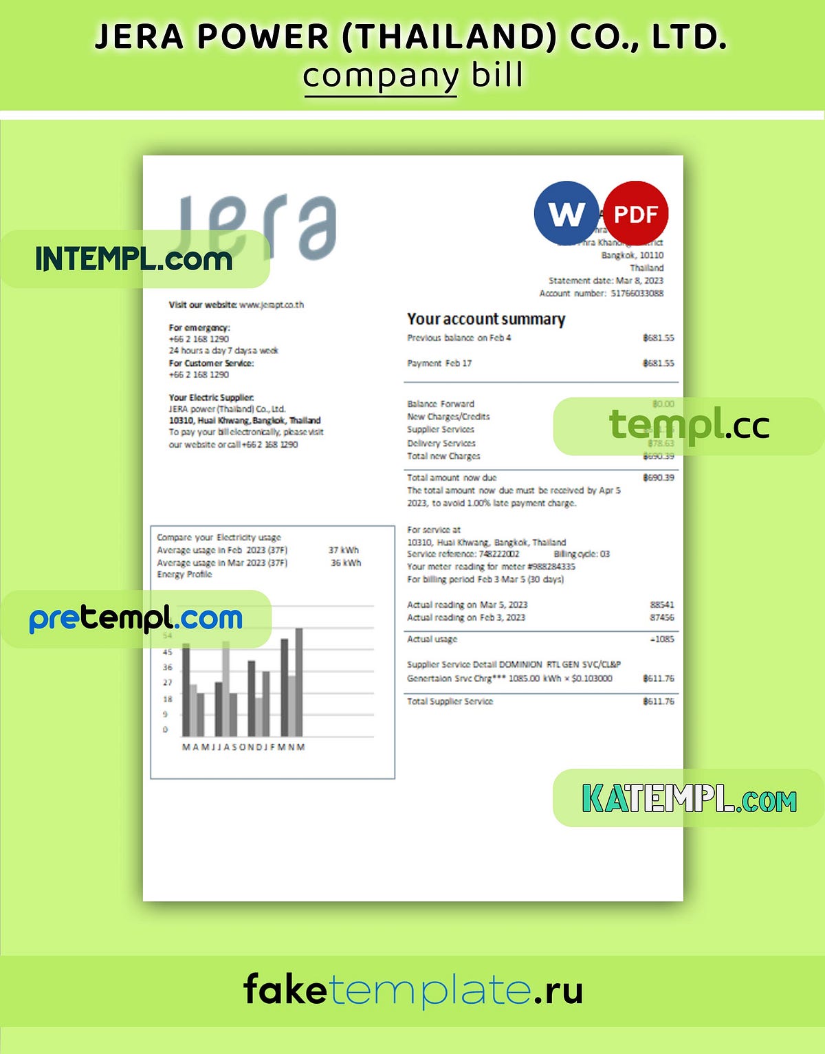 JERA power (Thailand) Co., Ltd. business utility bill, Word and PDF template | by ...