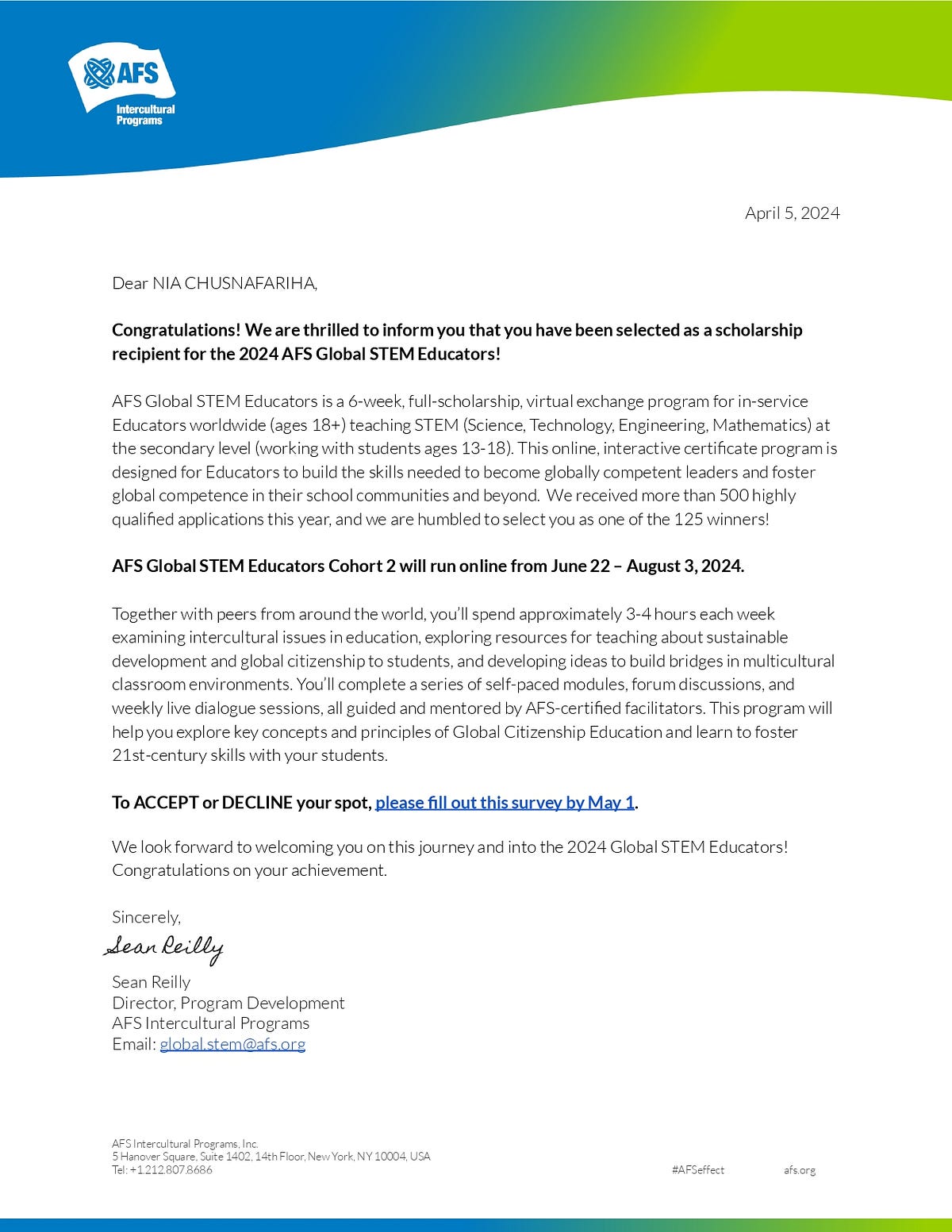 AFS Global STEM Educators_Selected As Scholarship Recipient 2024 - Nia ...
