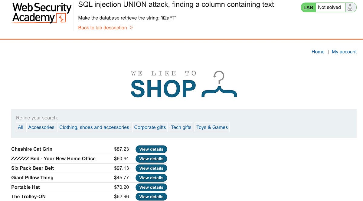 PortSwigger Web Security Academy: SQL Injection UNION attack, finding a column containing text ...