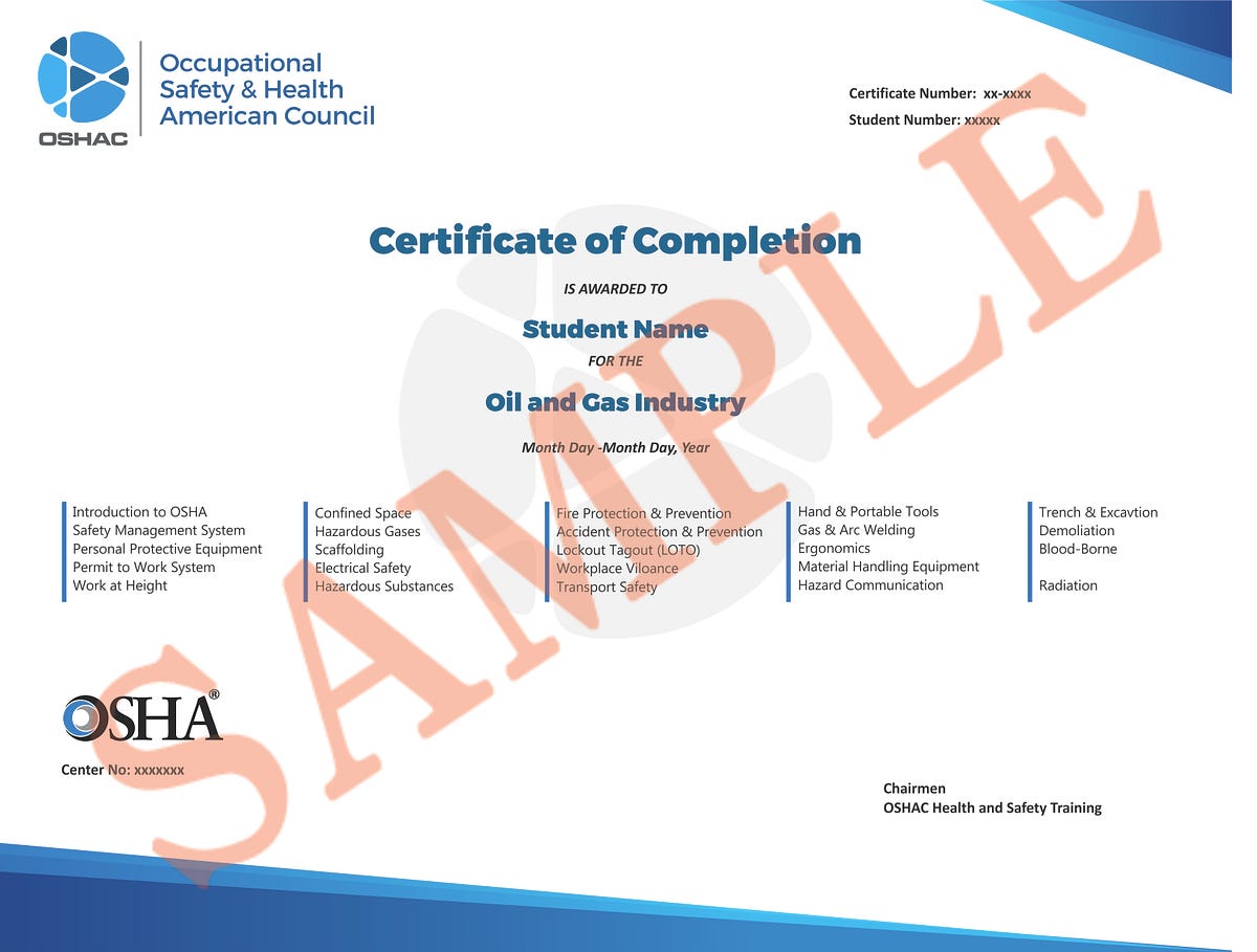OSHAC 30 Hours Oil & Gas General Industry Sample Certificate | by ...