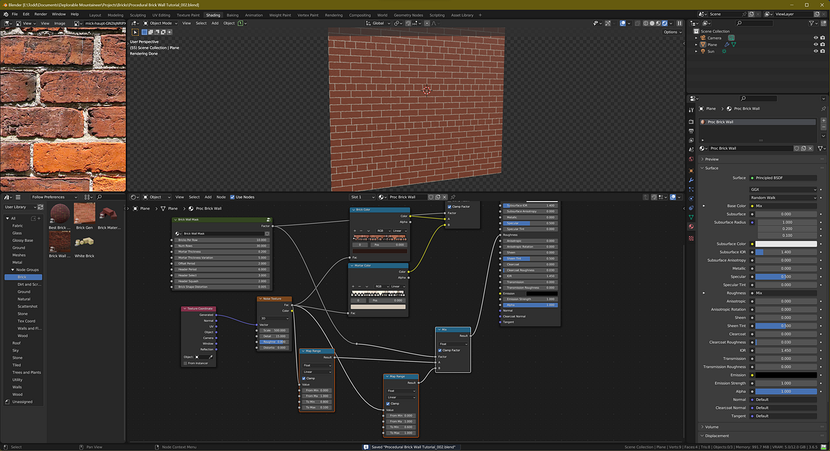 Procedural Brick Wall in Blender using Material Nodes. Part 3: Brick Color, Roughness, and ...