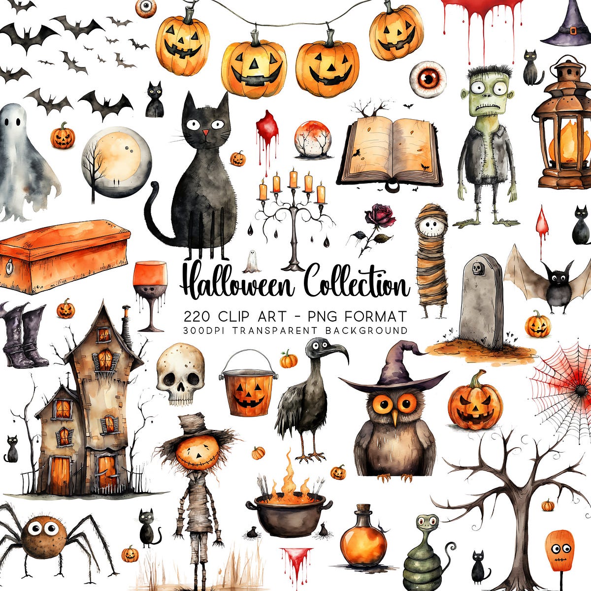 Halloween Clipart Bundle Set: 230 Watercolour Clipart PNG/JPG ...