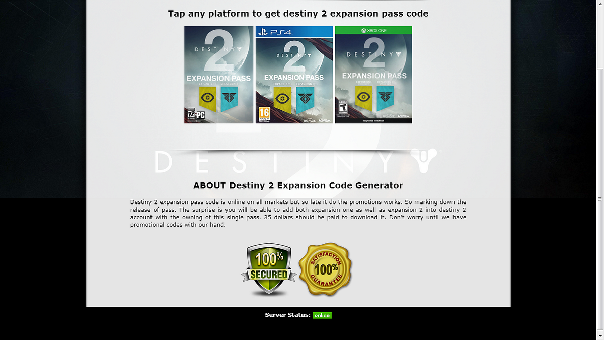 Destiny 2 Expansion Pass Code Generator | by Dustin Infelizha | Medium