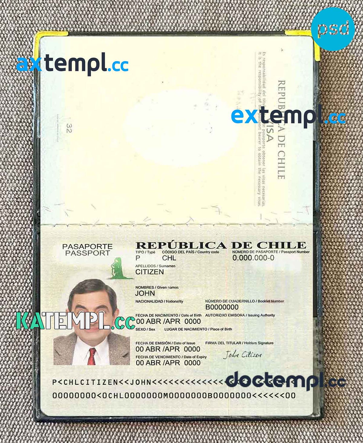 sample Chile passport editable PSDs, scan and photo-realistic snapshot ...