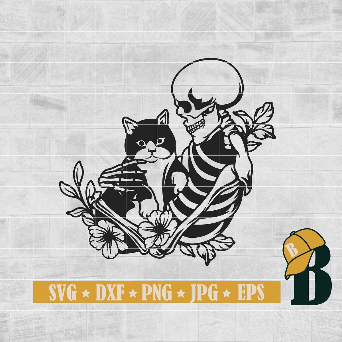 Skeleton with Cat Svg Png, Skull and Black Cat Svg, Halloween black cat ...