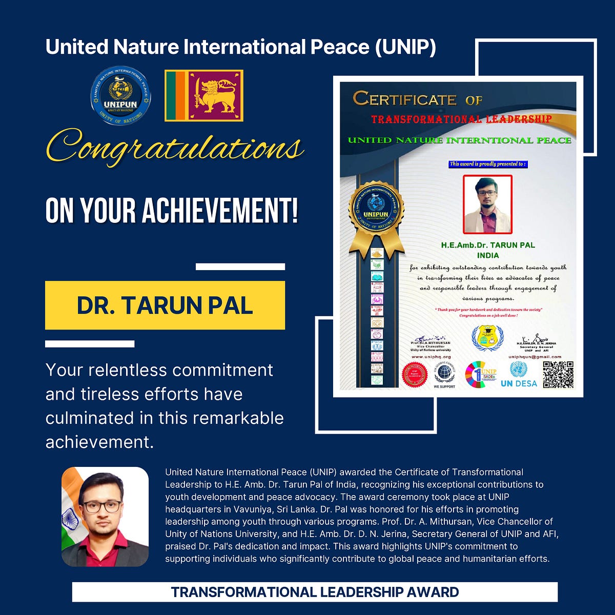 H.E. Amb. Dr. Tarun Pal Receives Certificate of Transformational ...
