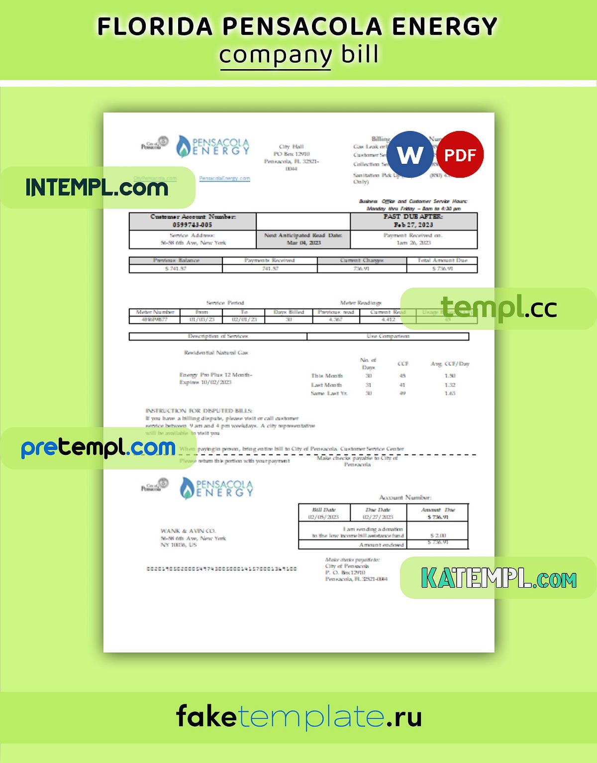 Florida Pensacola Energy business utility bill, PDF and Word template ...