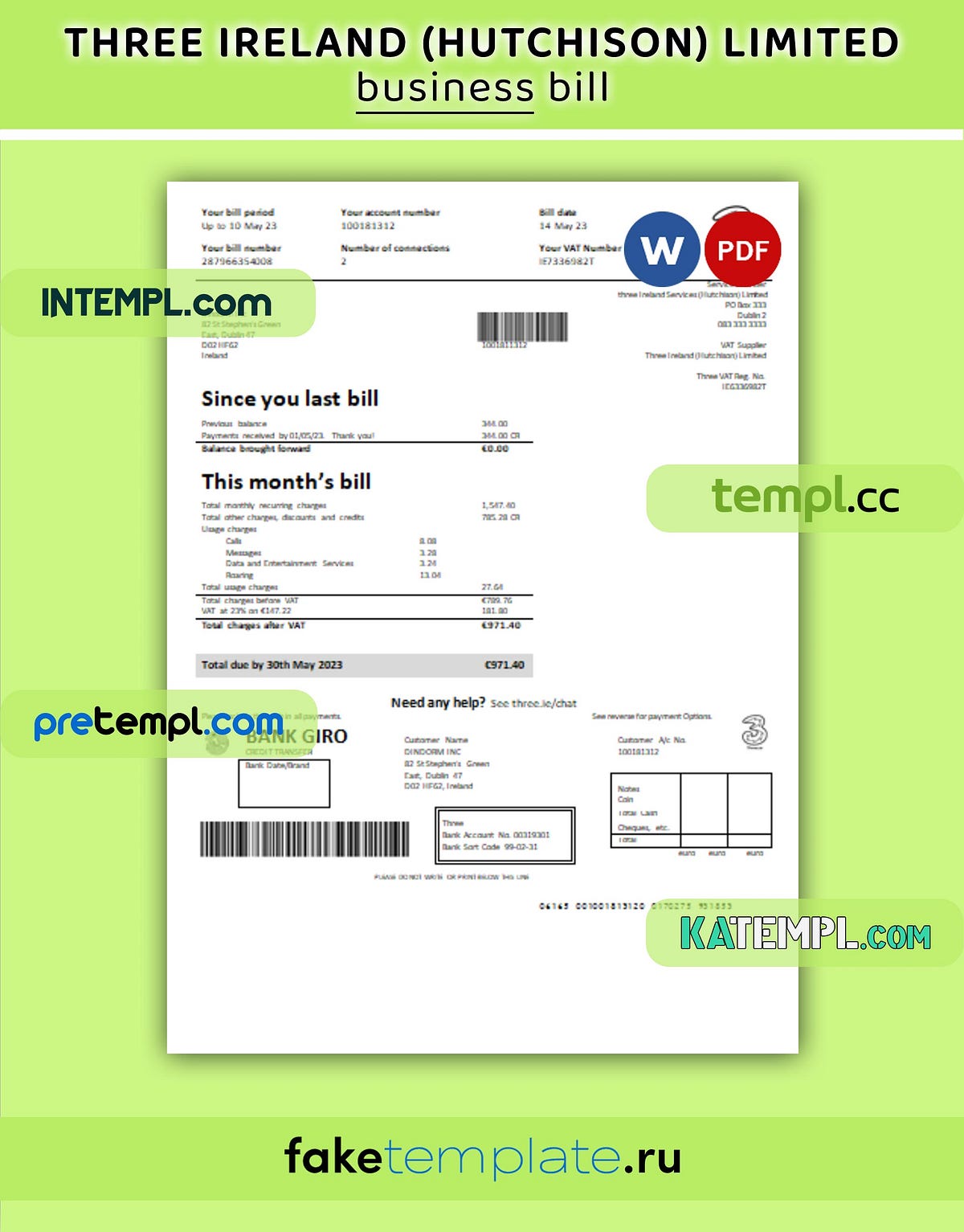 Three Ireland (Hutchison) Limited business utility bill, Word and PDF ...