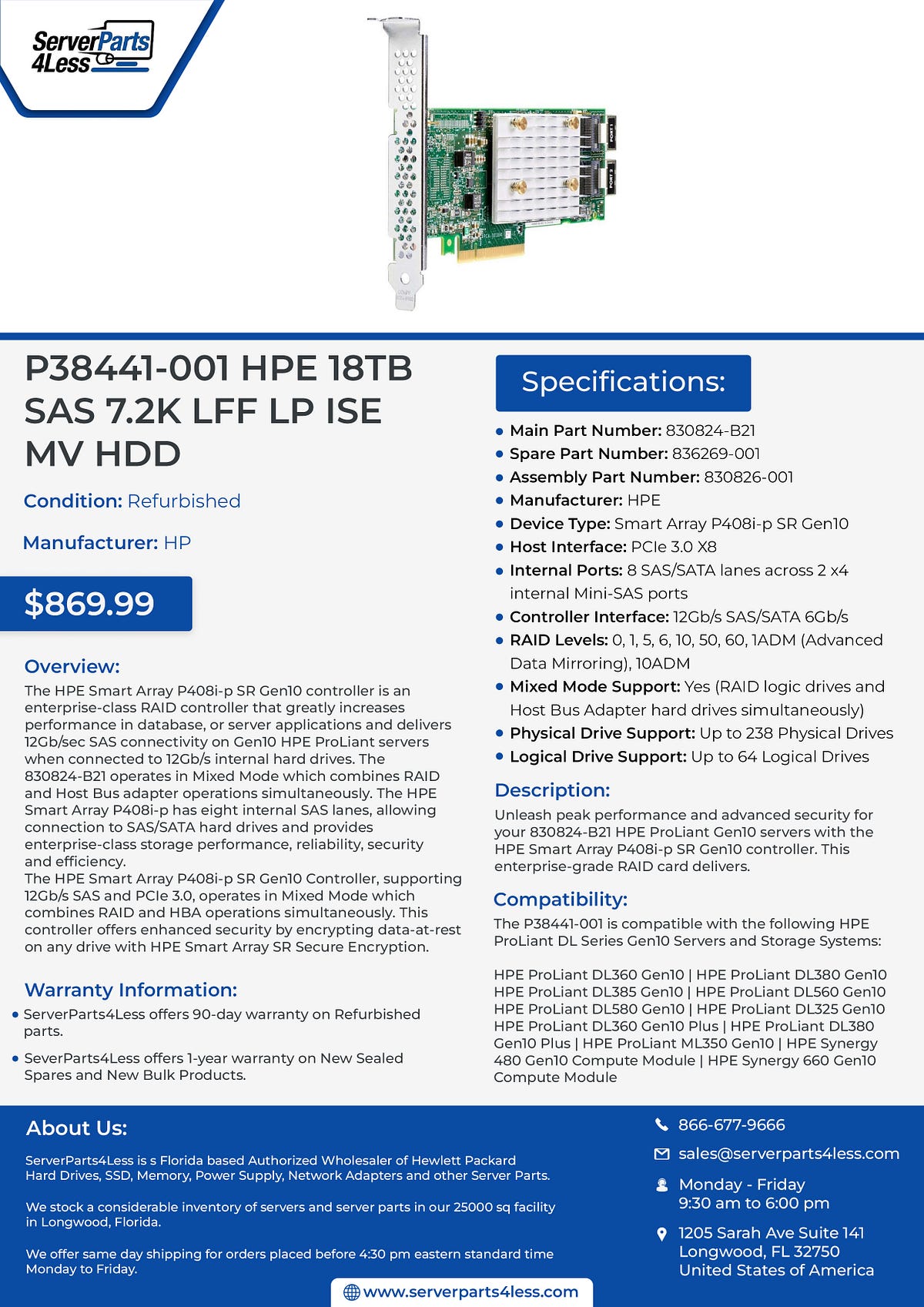 830824-B21 HPE P408I-P SR SAS-12G PCIE CONTROLLER GEN10 ...