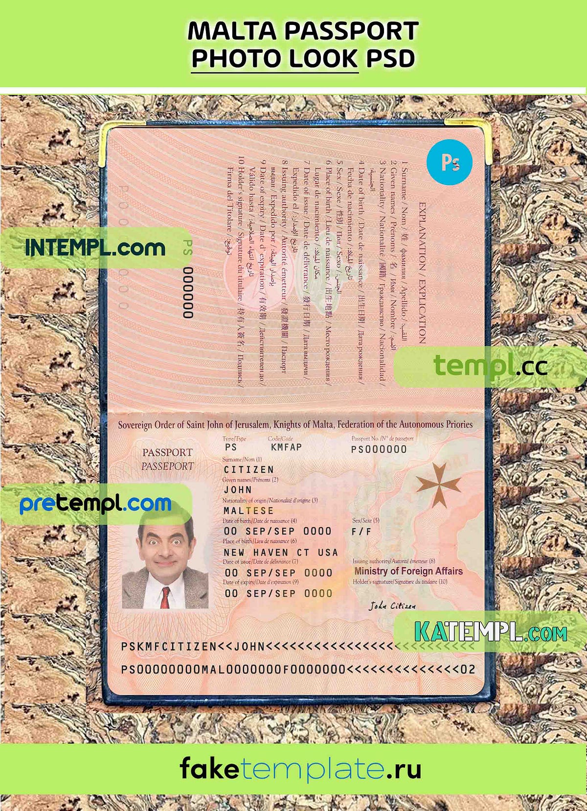 Malta passport PSD download scan and photo look templates, 2 in 1, 2019 ...