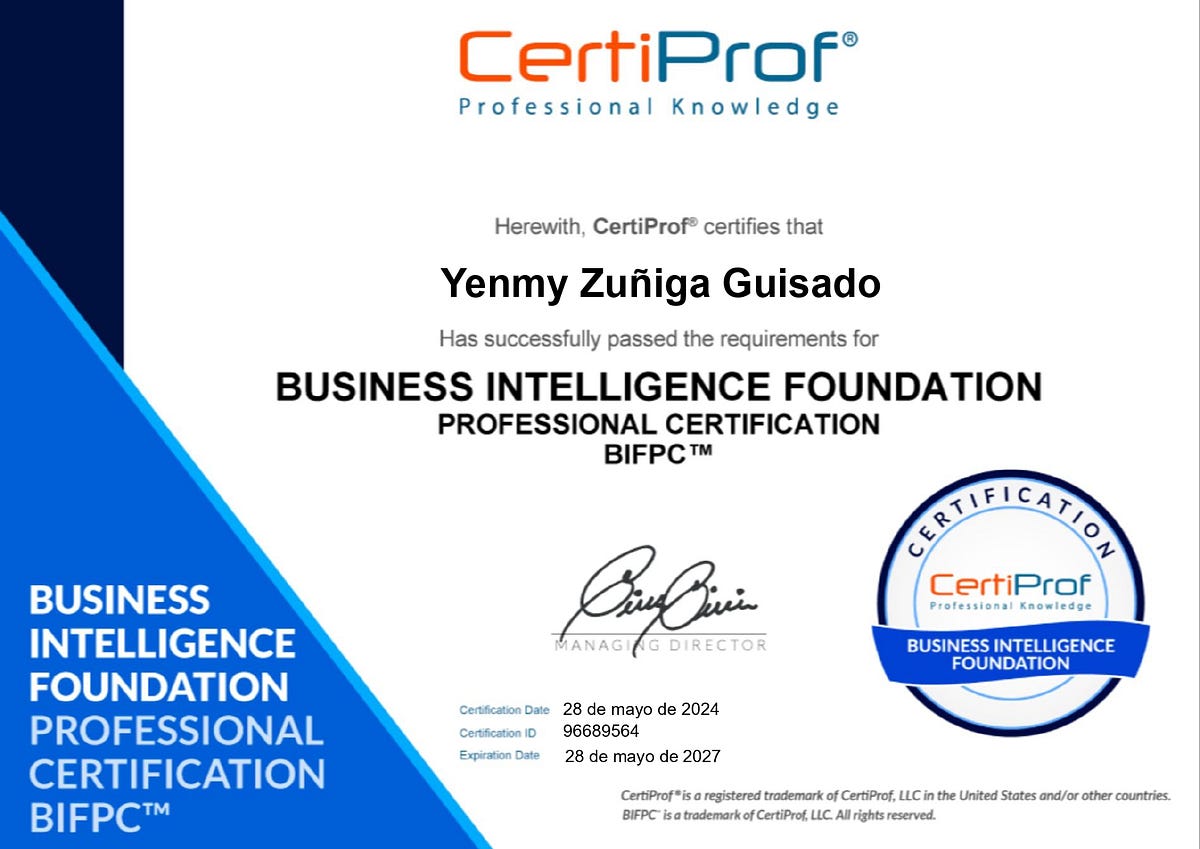 Certificación de Business Intelligence in Certiprof - Yenmy Zuñiga ...