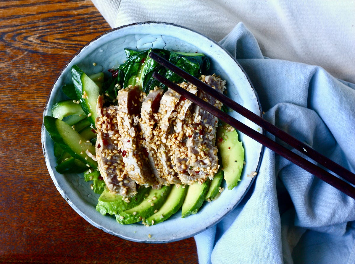 Sesame Tuna Bowl with Avocado, Cucumber and Wilted Greens | by Rachel ...