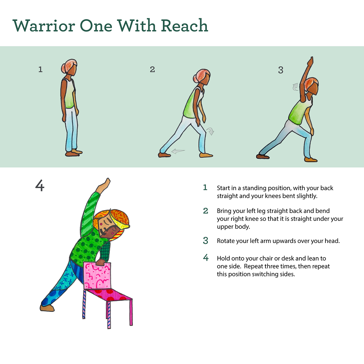 Chair yoga: Warrior One w/ Reach | by Darius A. Miranda | Medium