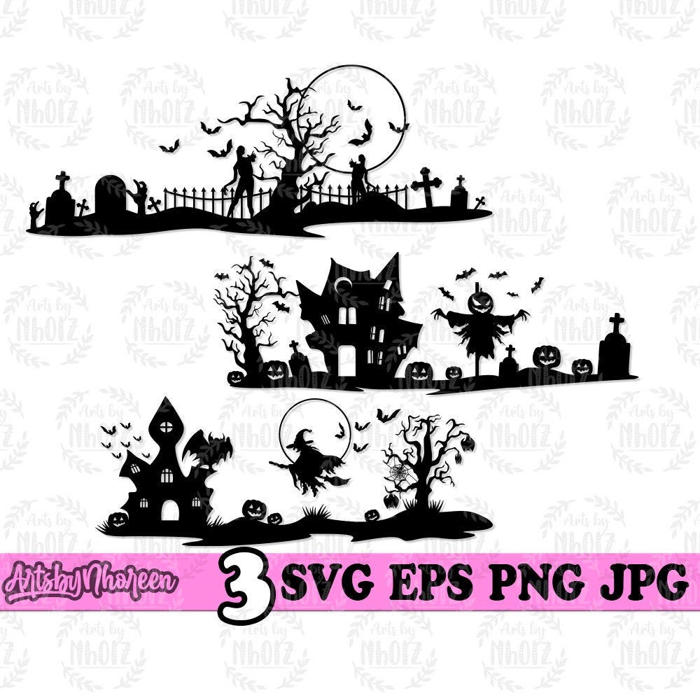 3 Halloween Scene svg, Scary Ghost Town Clipart, Horror Zombie Land Cut File, Haunted House ...