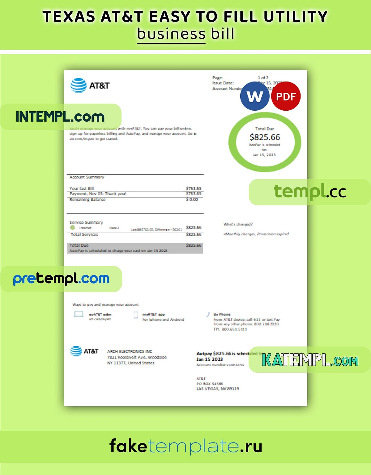 Texas AT&T easy to fill business utility bill, Word and PDF template ...