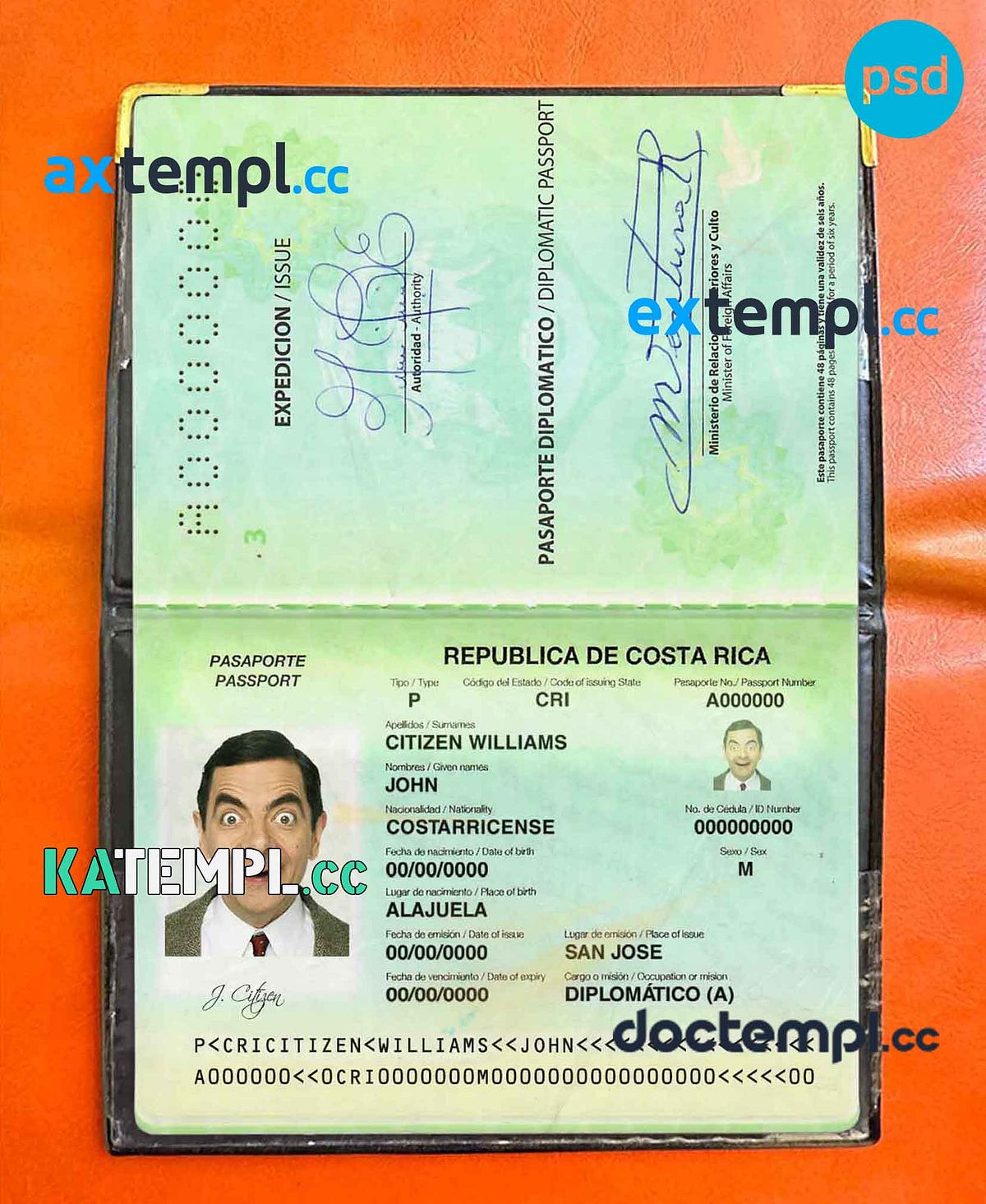 sample Costa Rica diplomatic passport editable PSD files, scan and ...