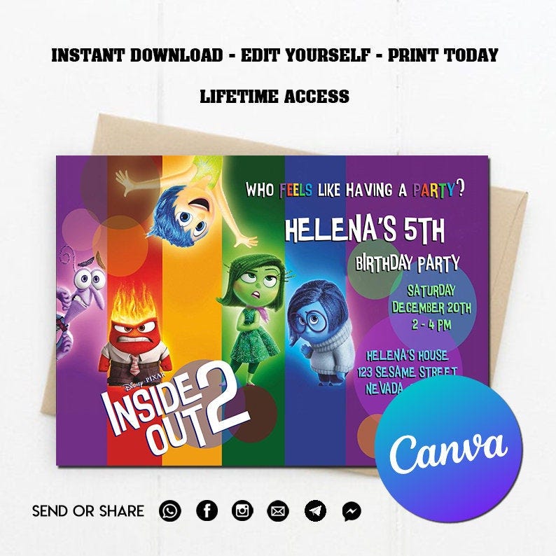 Free Inside Out 2 Invitation, Inside Out 2 Birthday Invitation, Inside ...