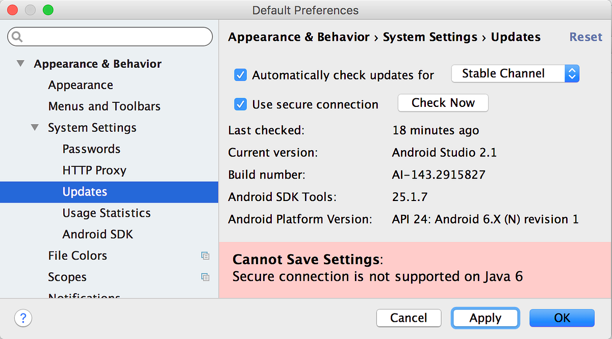 Android Studio — Error Secure connection is not supported on Java 6 ...