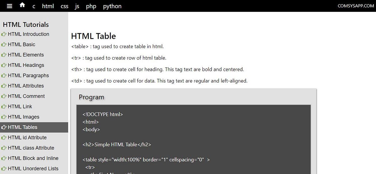 Html Table Comsysapp Medium