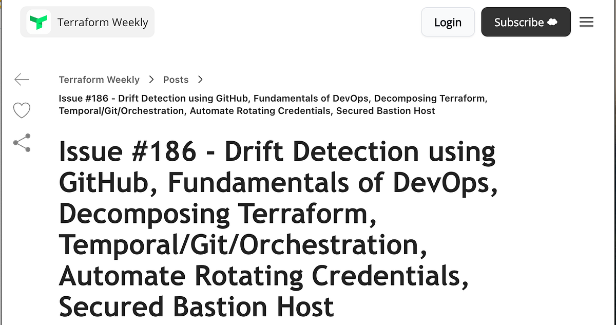 Terraform Weekly Issue #186 — Drift Detection using GitHub, Fundamentals of DevOps, Decomposing ...