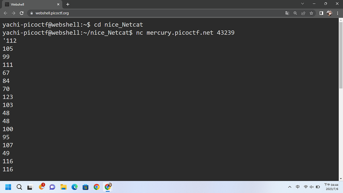 7/5 picoCTF-Nice Netcat… - yang ya chi - Medium