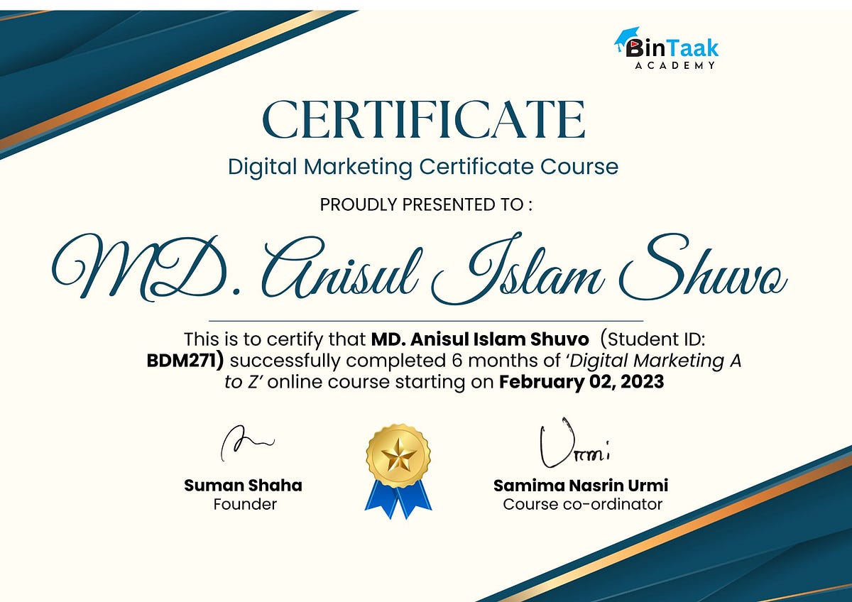 Got Certificate Today.. From BinTaak Academy. | by MD. Anisul Islam ...
