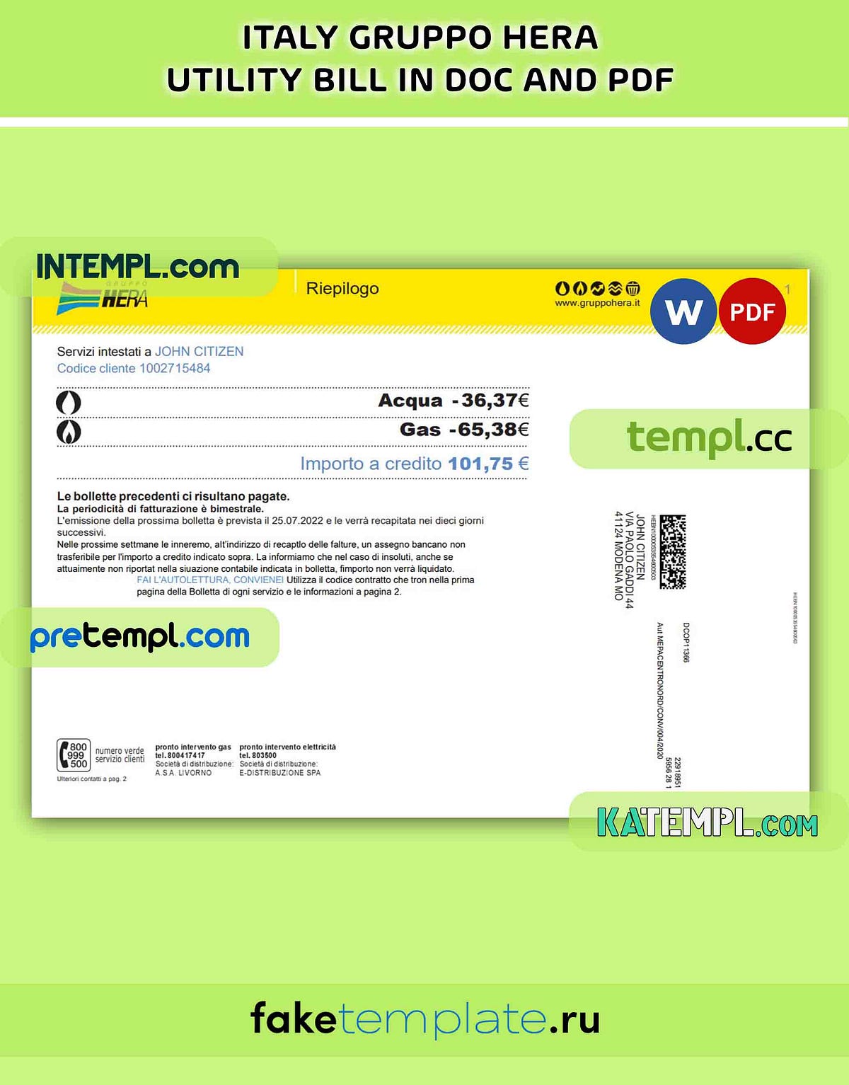 Italy Gruppo Hera utility bill, Word and PDF template | by Shotempl ...