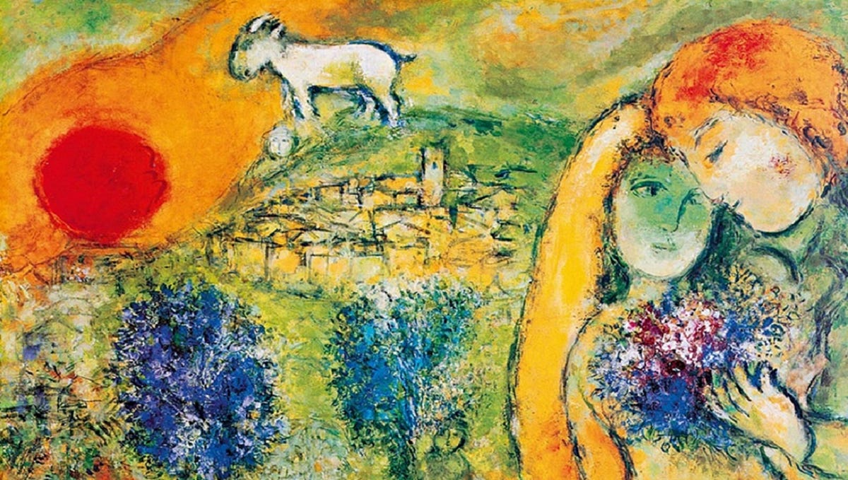 Chagall Lovers In The Red Sky