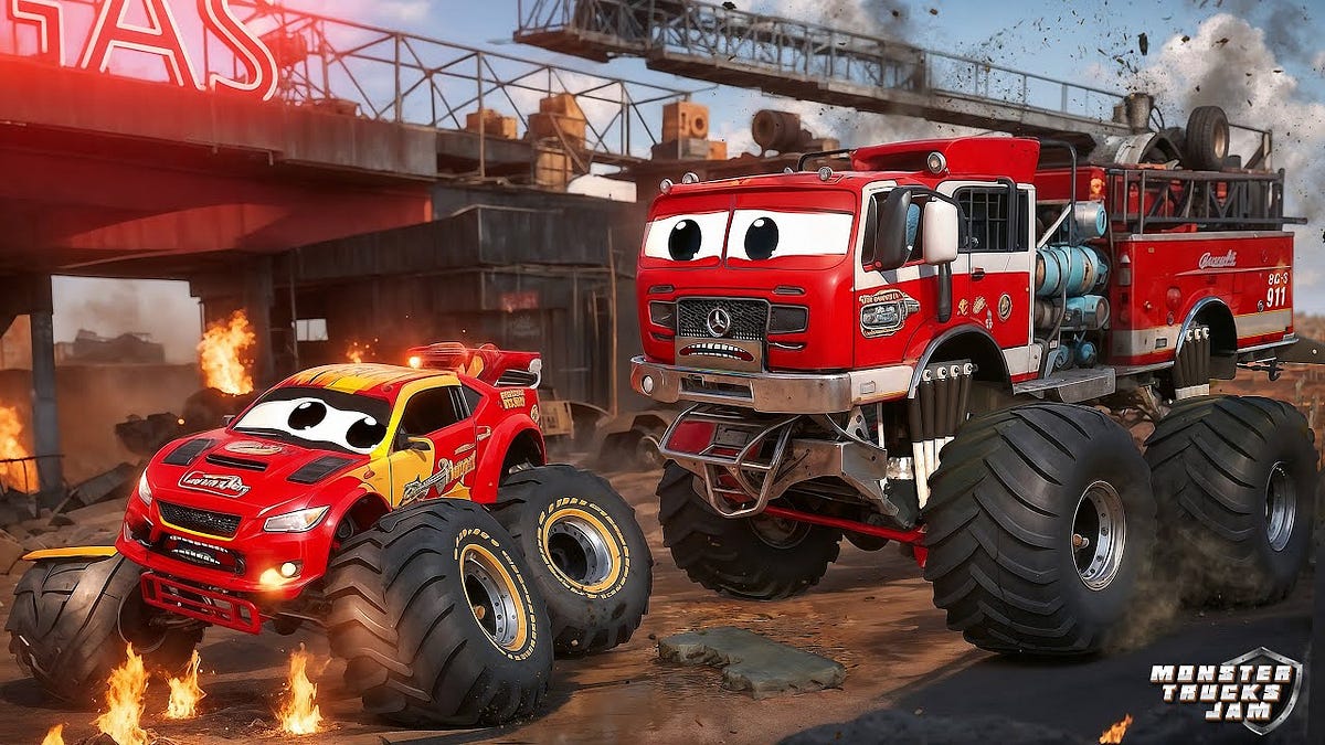 Heroic Monster FireTruck Rescue | Monster Truck Crash at Gas Station ...