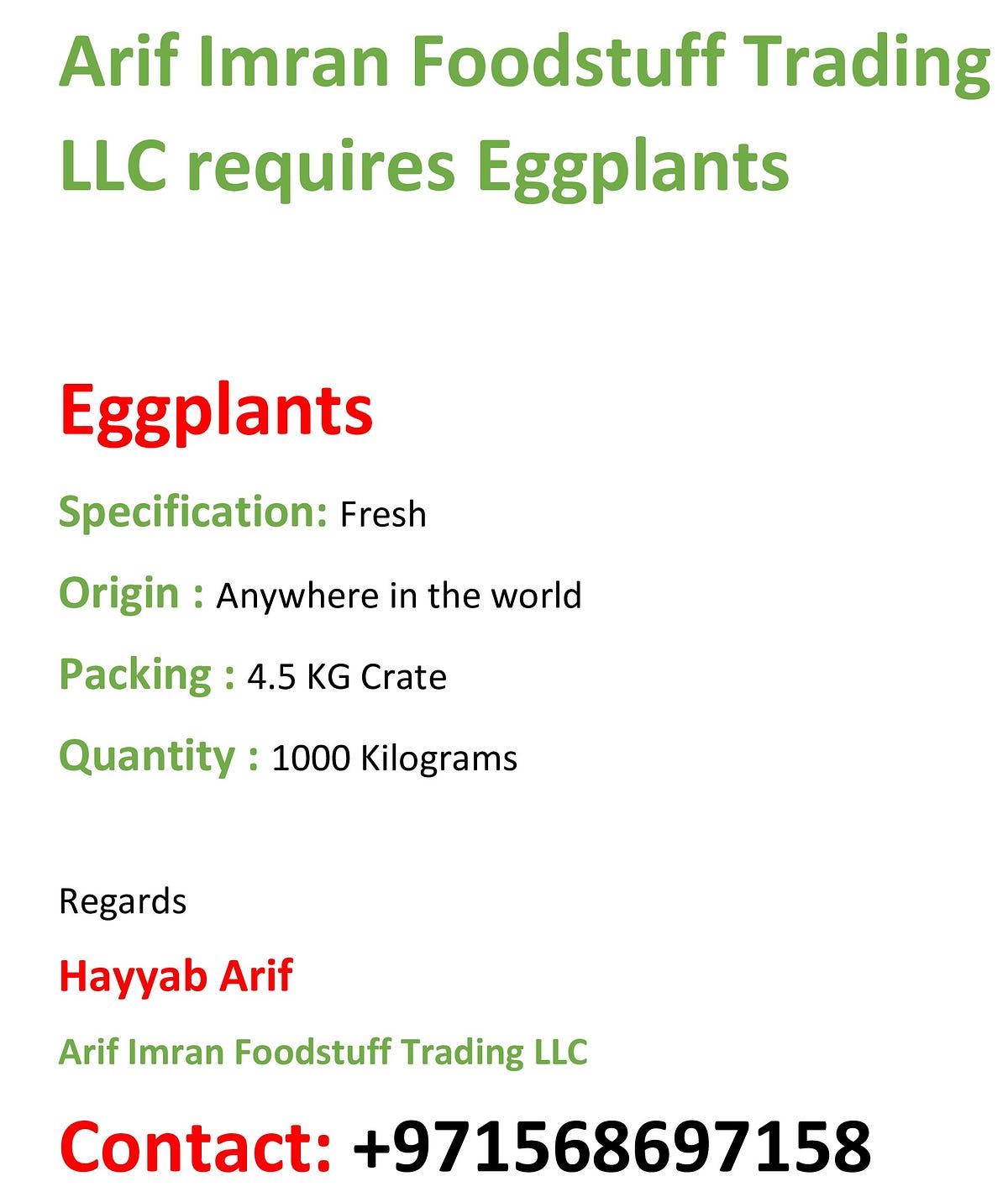 Arif Imran Foodstuff Trading LLC requires Fresh Eggplants - Arif Imran Foodstuff Trading LLC ...