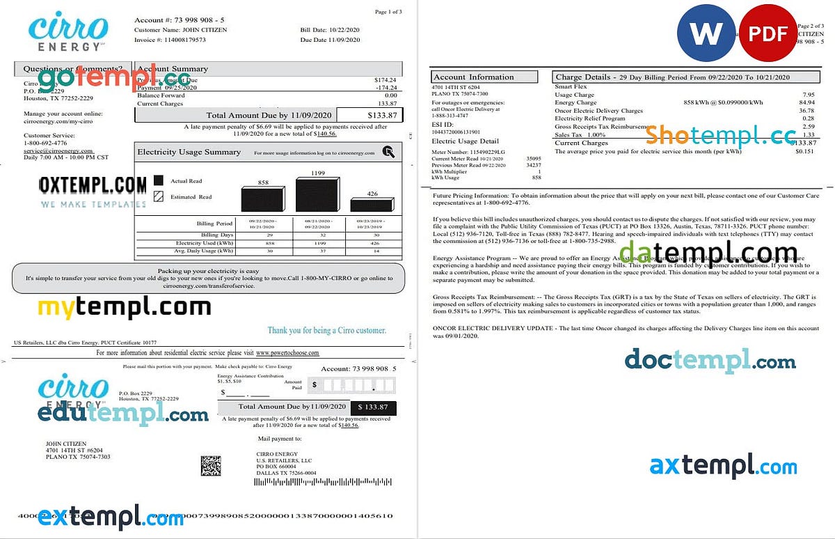 USA Texas Cirro Energy utility bill template in Word and PDF format (3 ...