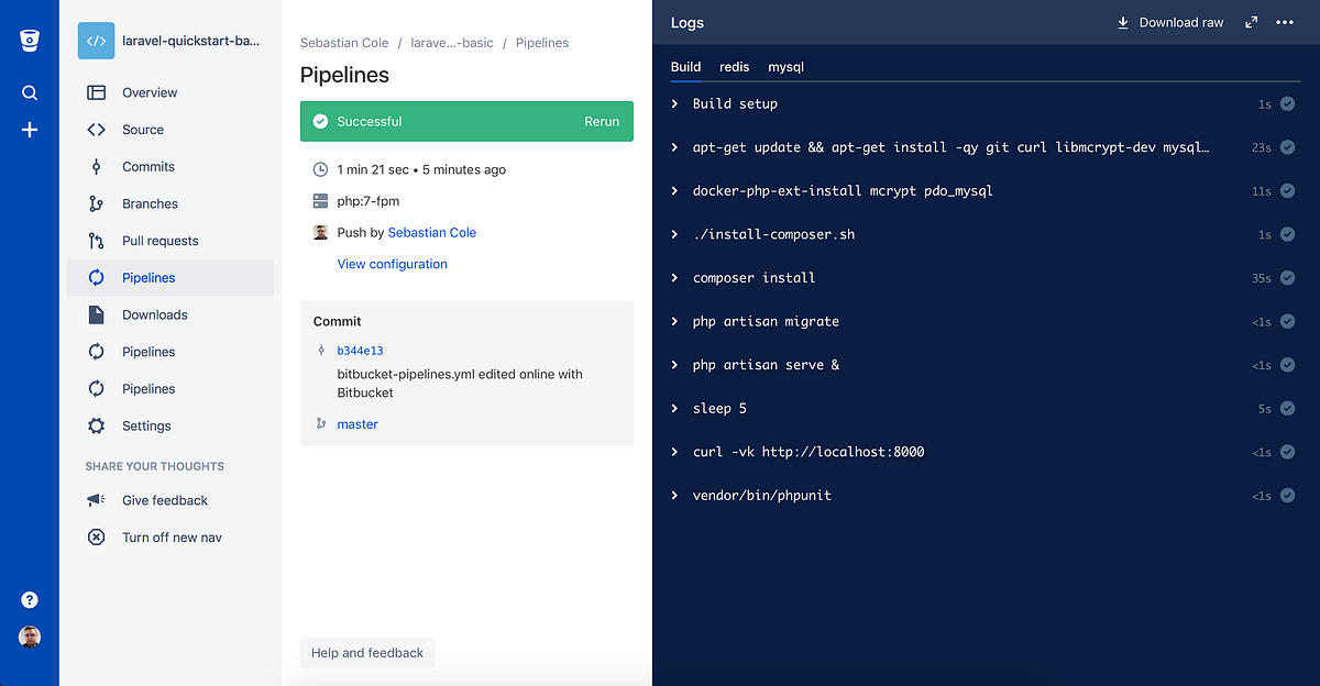 Getting started with Laravel quickstart on Bitbucket Pipelines | by Sebastian Cole | Medium
