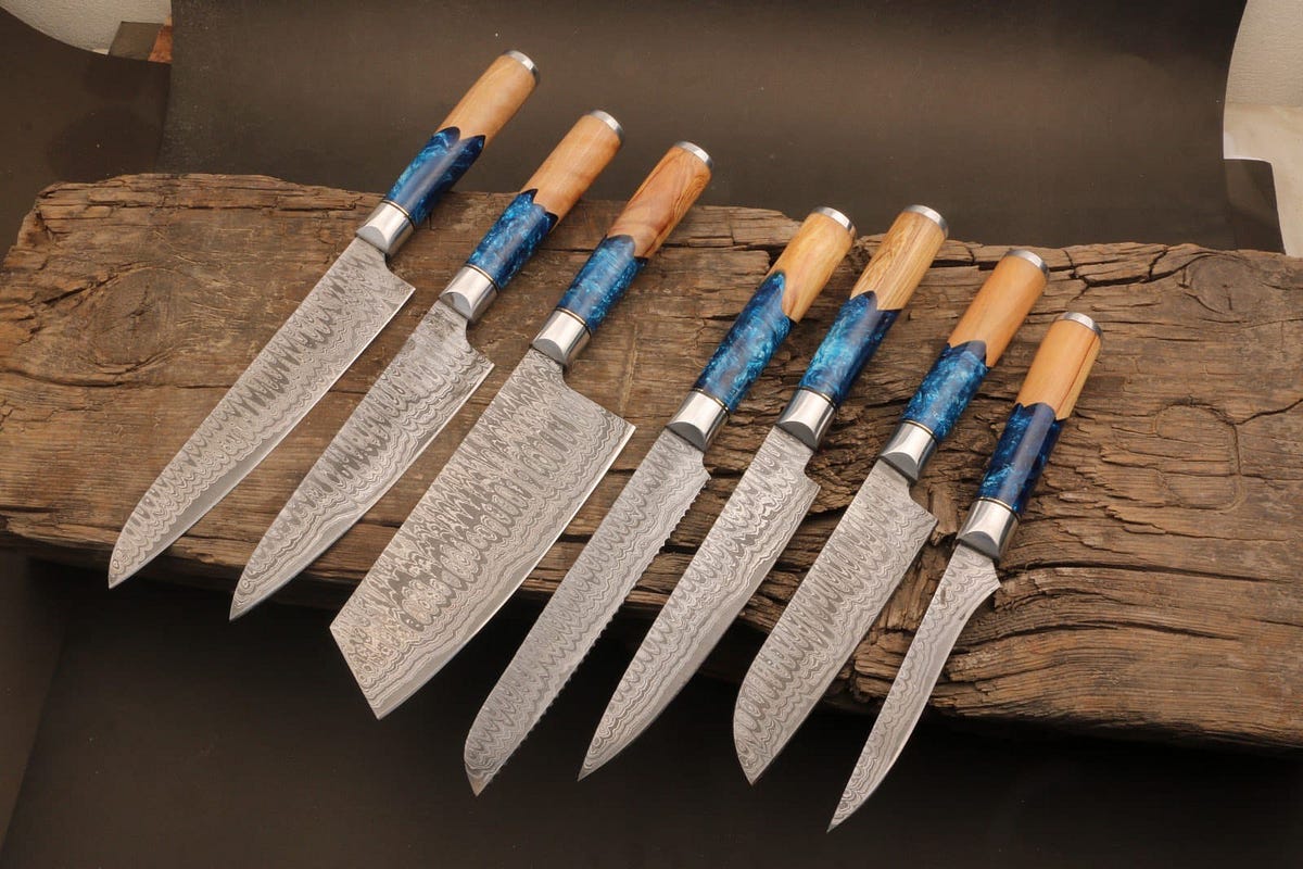 Luxury Blue Resin Handle Damascus Steel Knife | Kitchen Knife Set | by ...