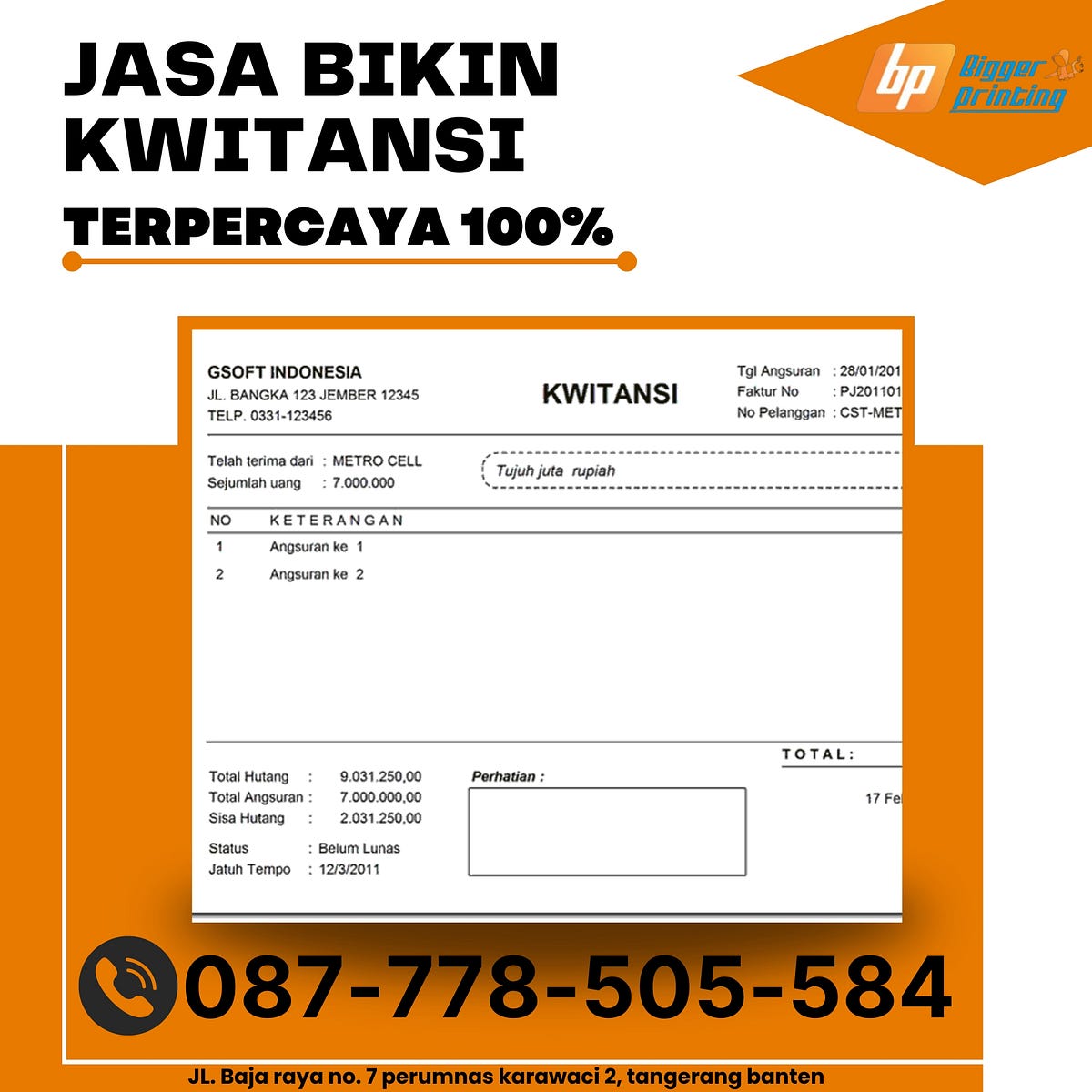 TERPERCAYA, Wa./Call 0877–7850–5584, Cetak kwitansi di Larangan Tangerang - BiggerSiKilat - Medium