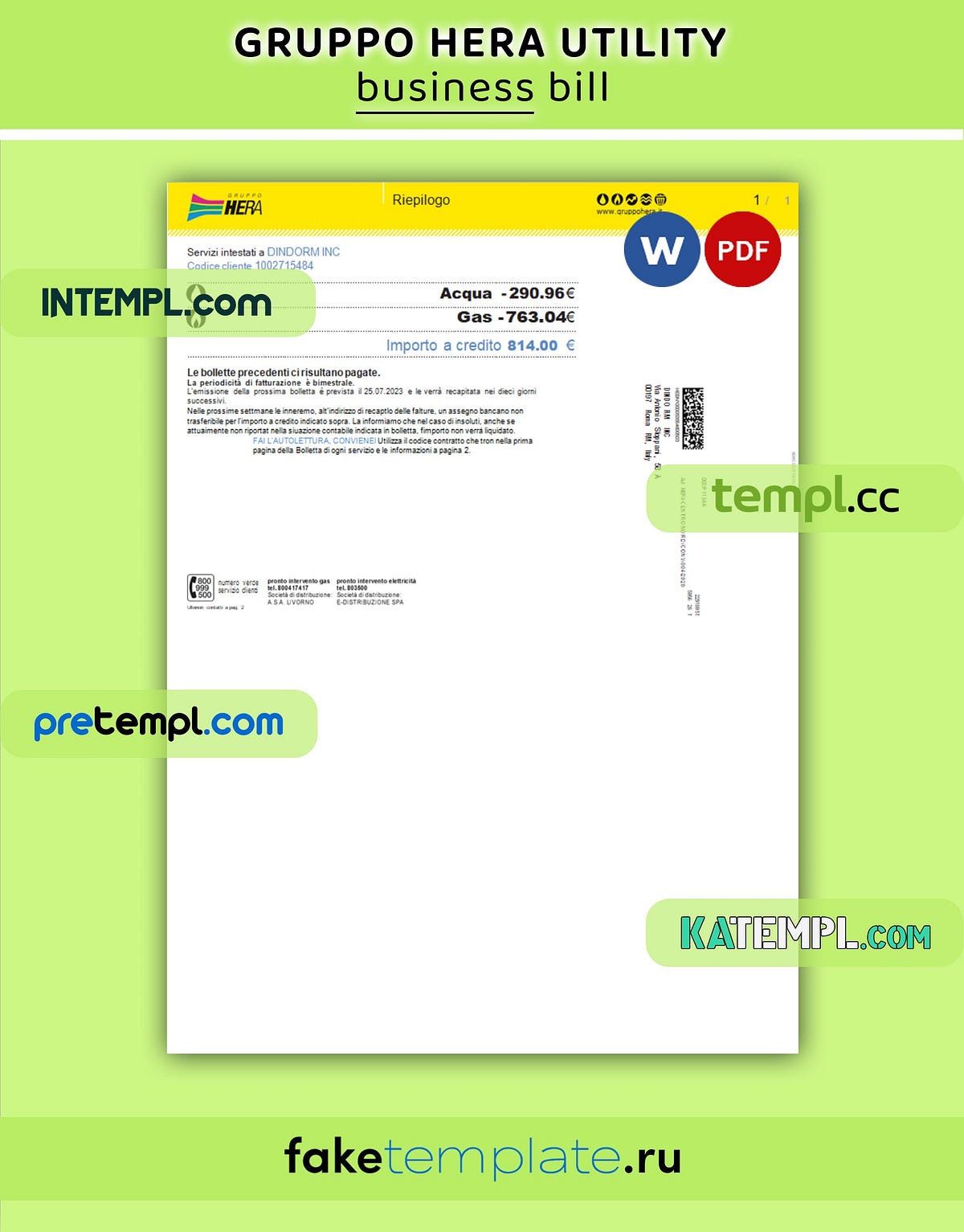 Gruppo Hera business utility bill, Word and PDF template | by ...