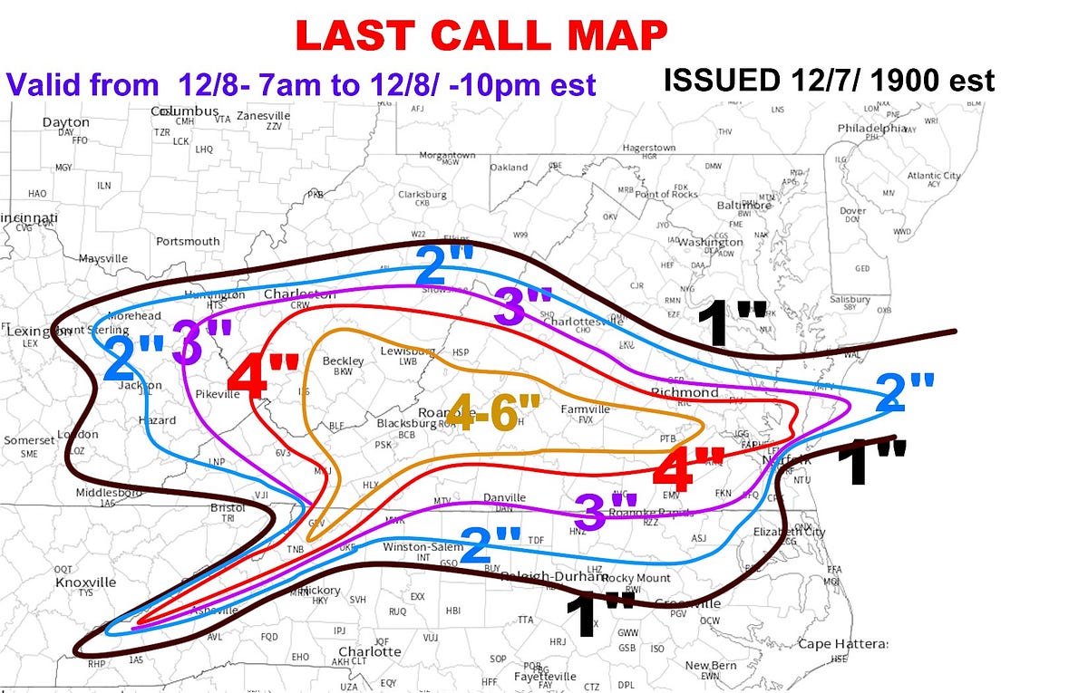 LAST CALL SNOW MAP DEC 8 Southeast third of WV…. and Southern half of ...