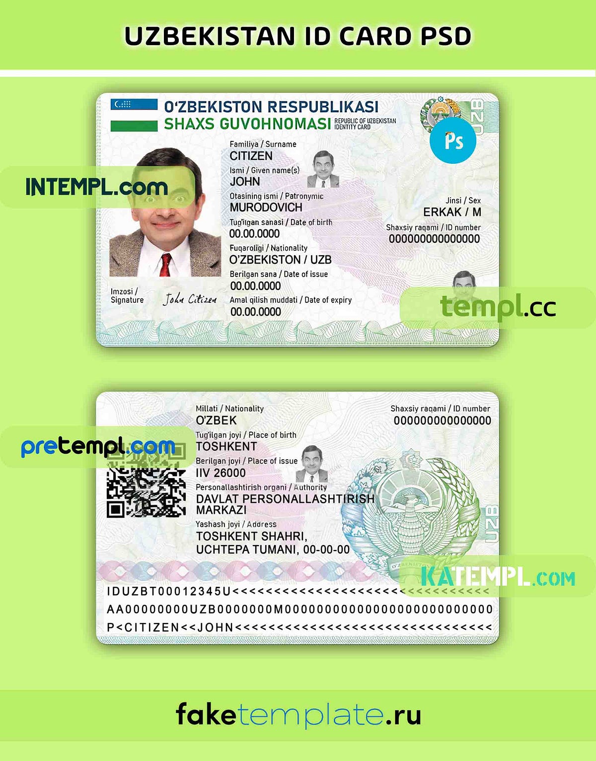 Uzbekistan ID card PSD template, completely editable | by Shotempl ...