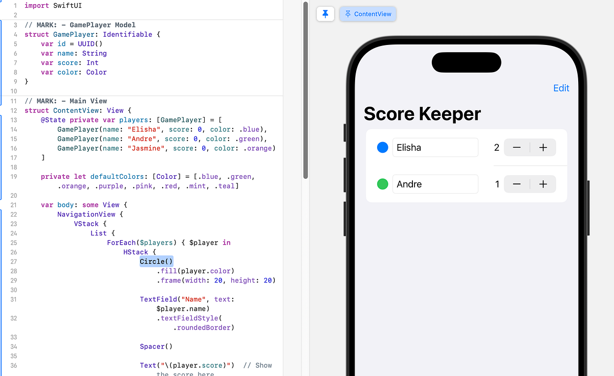 Creating a Simple Score Keeper App in SwiftUI: Managing Players, Scores, and Colors | by Angie ...