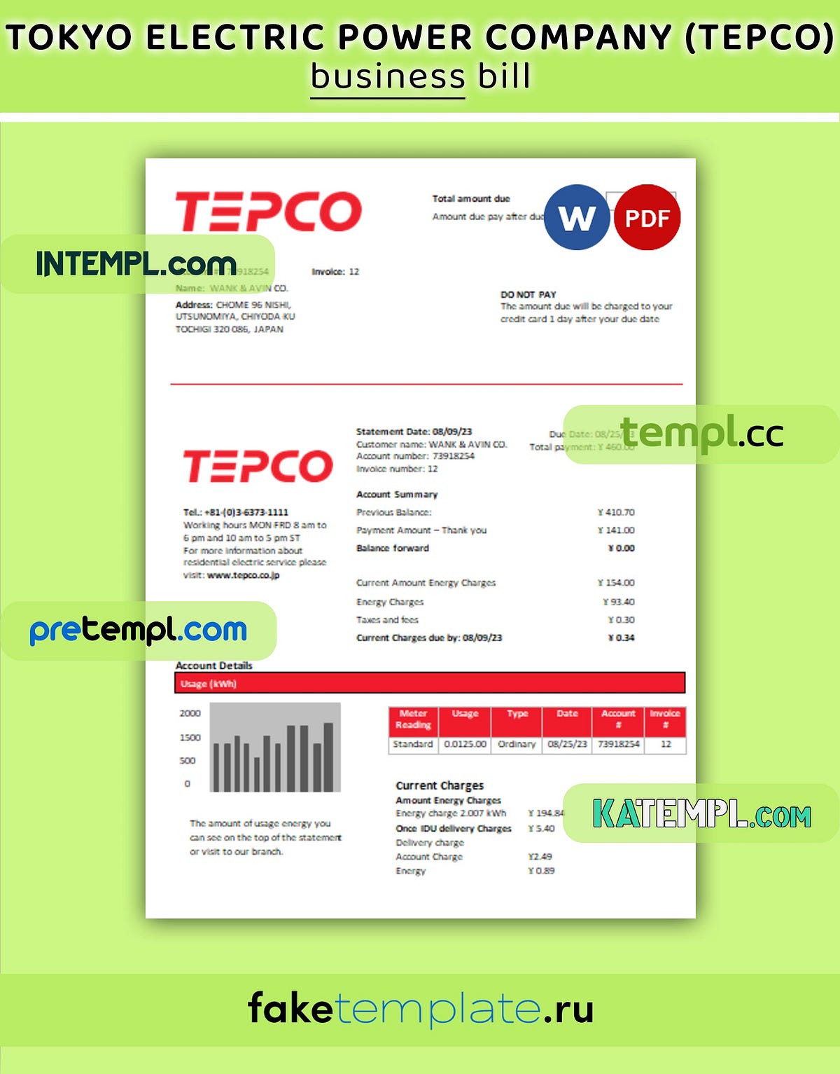 Tokyo Electric Power Company (TEPCO) electricity business utility bill ...